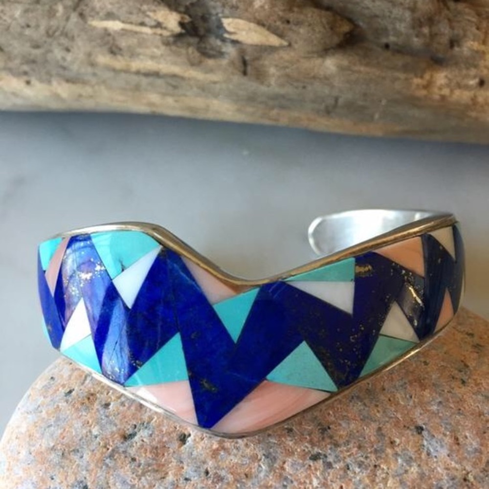 Vintage Lorraine Long Navajo Inlaid Bracelet - Gem